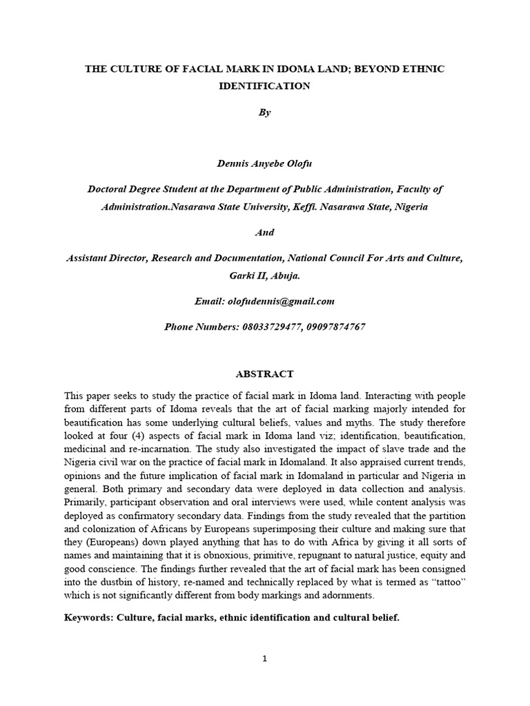 The Culture of Facial Mark in Idoma Land Beyond Ethnic Identification | PDF