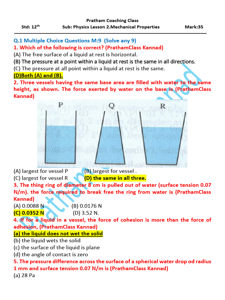 Phy_Lesson2Ans35Marks | PDF | Drop (Liquid) | Surface Tension