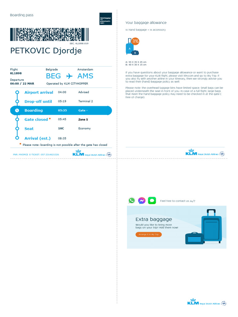 KLM Flight KL1898 Baggage Allowance Guide | PDF | Baggage | Airlines
