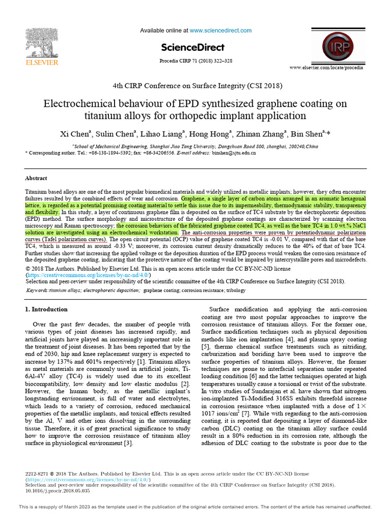 Graphene Coating for Titanium Alloys | PDF | Graphene | Corrosion