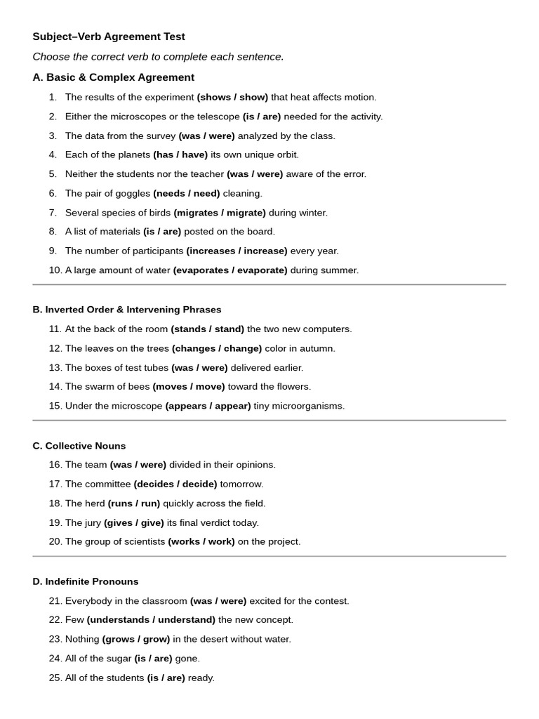 Subject-Verb Agreement Test | PDF | Subject (Grammar) | Verb