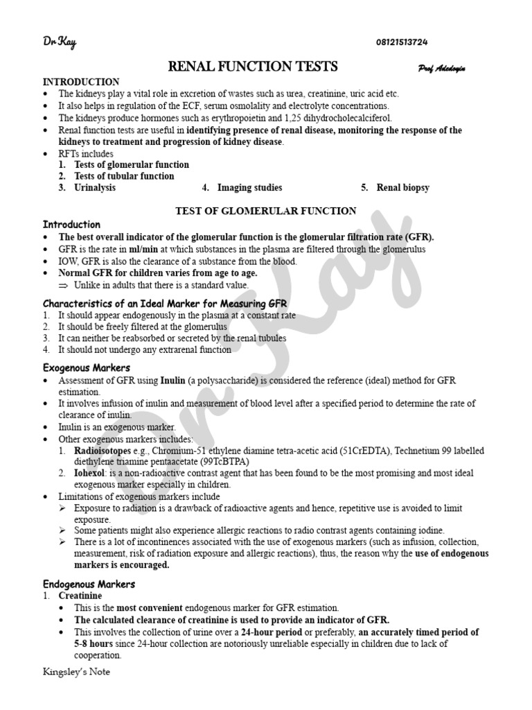 Renal Function Testsrenal Function Tests | PDF | Creatinine | Kidney