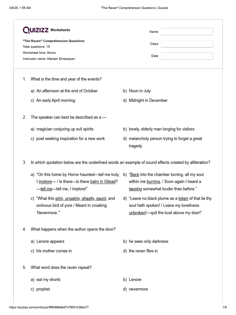 The Raven - Comprehension Questions | PDF | The Raven | Poems