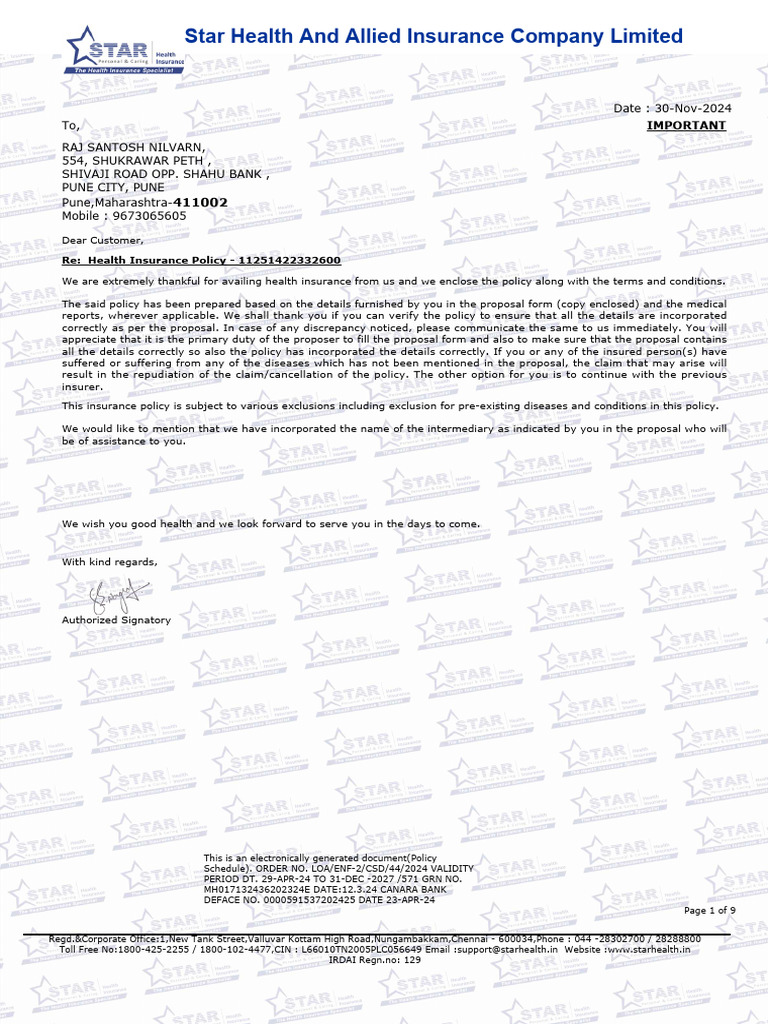 Raj Star Health 03.12.24 To 02.12.25 | PDF | Hospital | Health Care