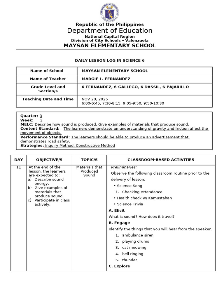 Science 6 - q3 Week 3 Day 11 | PDF | Sound | Learning