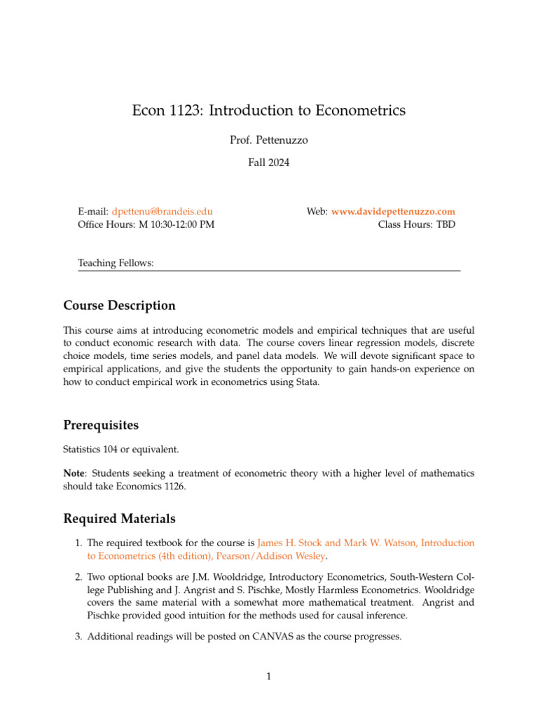 ECON 1123 - 2024 Fall (123033) | PDF | Econometrics | Regression Analysis