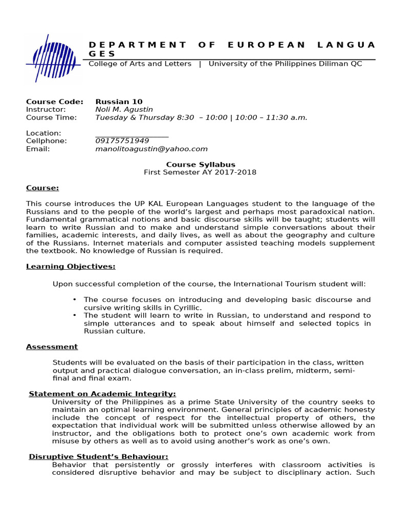 Russian Language Course Syllabus | PDF | Russian Language | Language ...