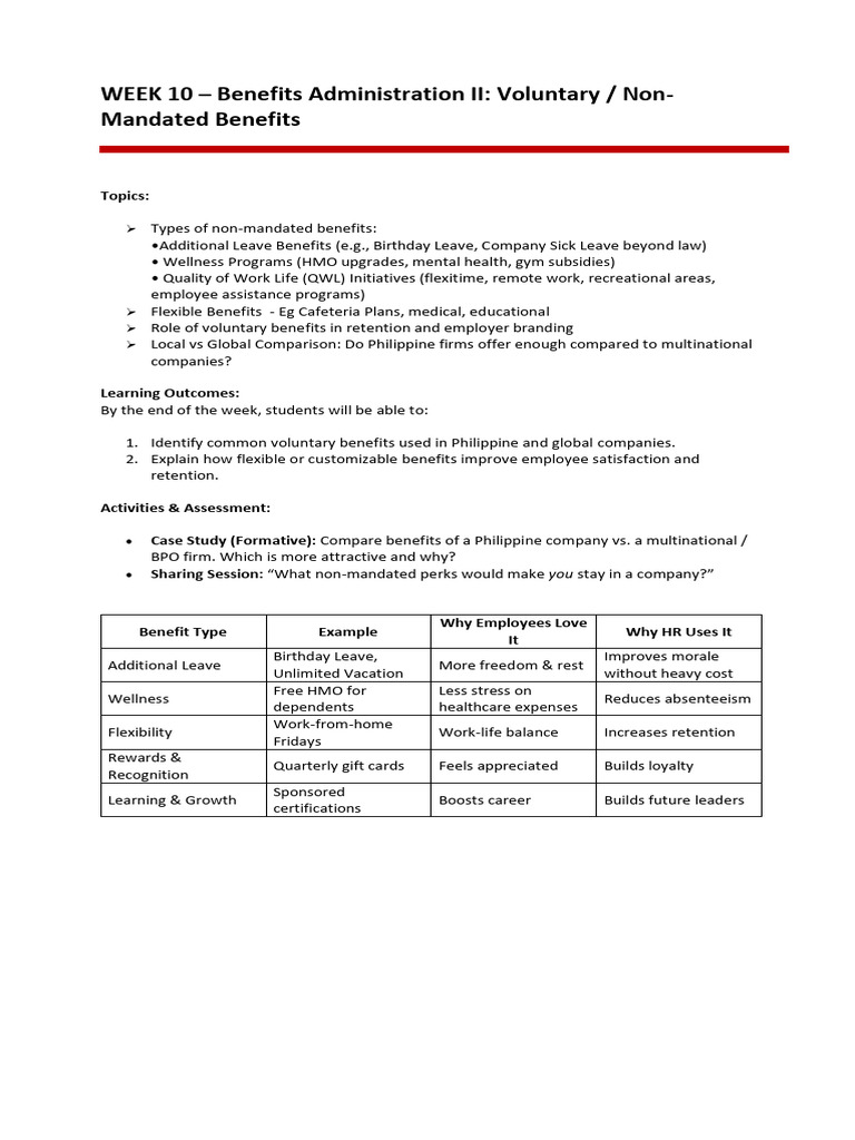 WEEK 10 Benefits Administration II Voluntary Non Mandated Benefits | PDF
