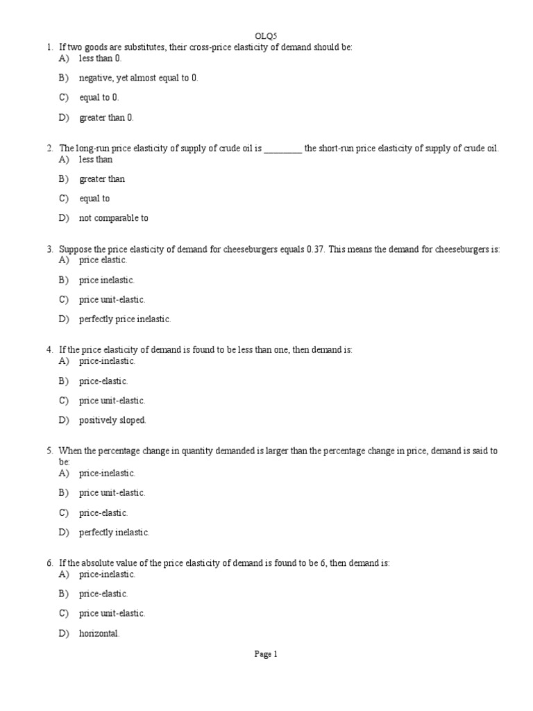 Econ201 Quiz 5 | PDF | Price Elasticity Of Demand | Demand