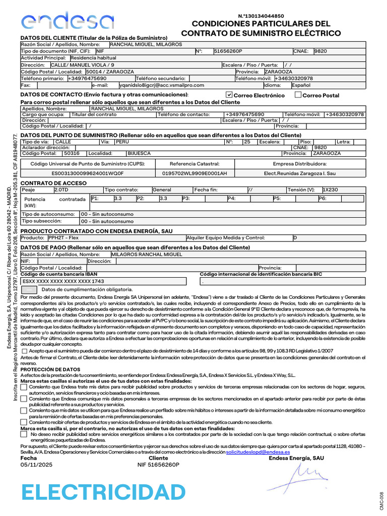 Contrato de Suministro Eléctrico Endesa | PDF | Pagos | Factura