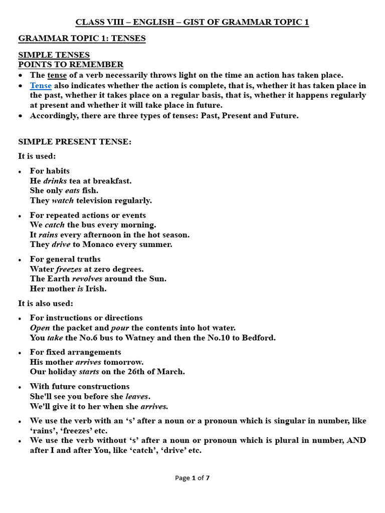 Understanding English Tenses for Class VIII | PDF | Grammatical Number ...