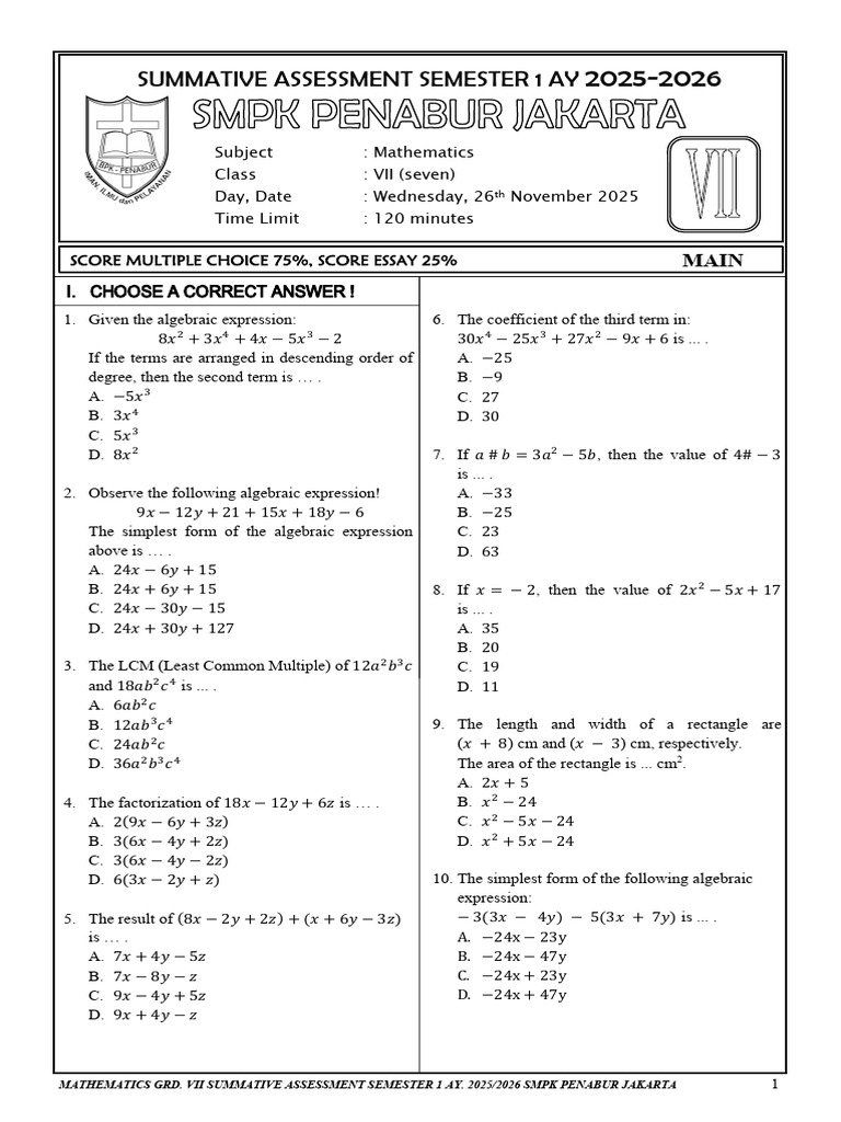 Grade 7 Math Assessment 2025-2026 | PDF | Summation | Numbers