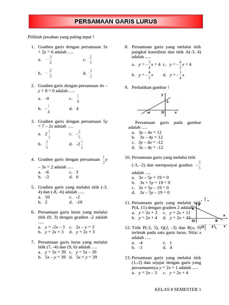 ulangan harian -Persamaan-Garis-Lurus-kelas-8 | PDF