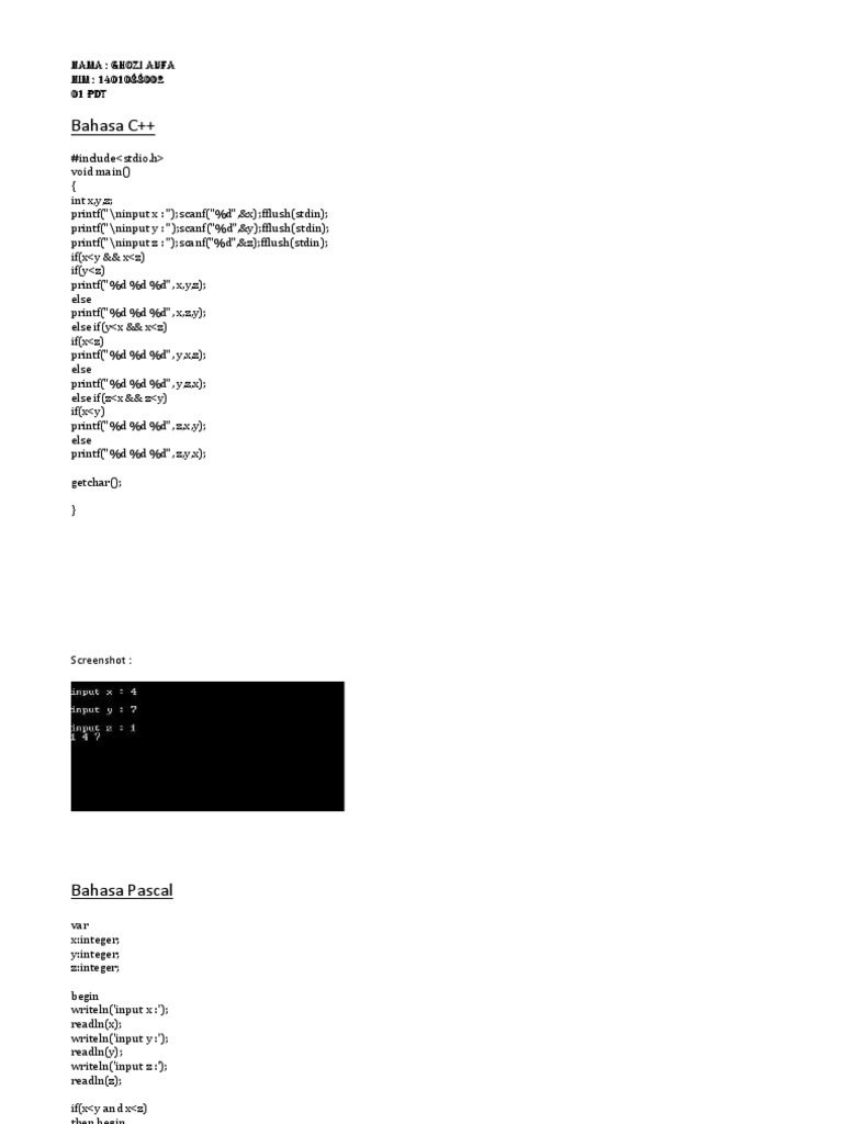 Sorting Three User-Inputted Numbers from Smallest to Largest Using C++, Pascal, and Java | PDF