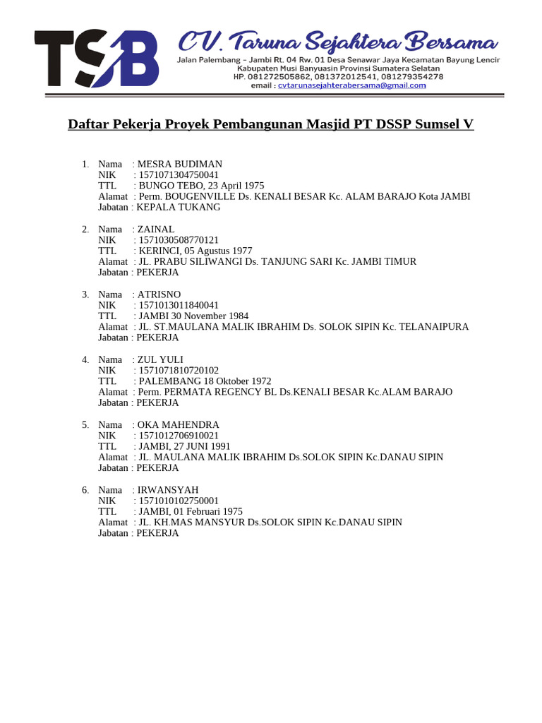 Daftar Pekerja Proyek Masjid DSSP | PDF