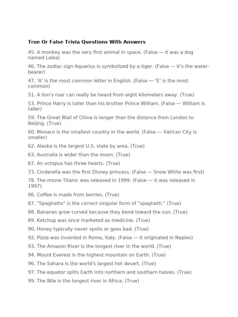 True or False Trivia Questions With Answers | PDF | Earth | Physical ...