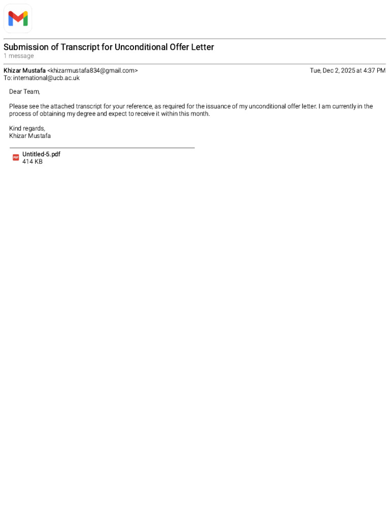 Submission of Transcript For Unconditional Offer Letter | PDF