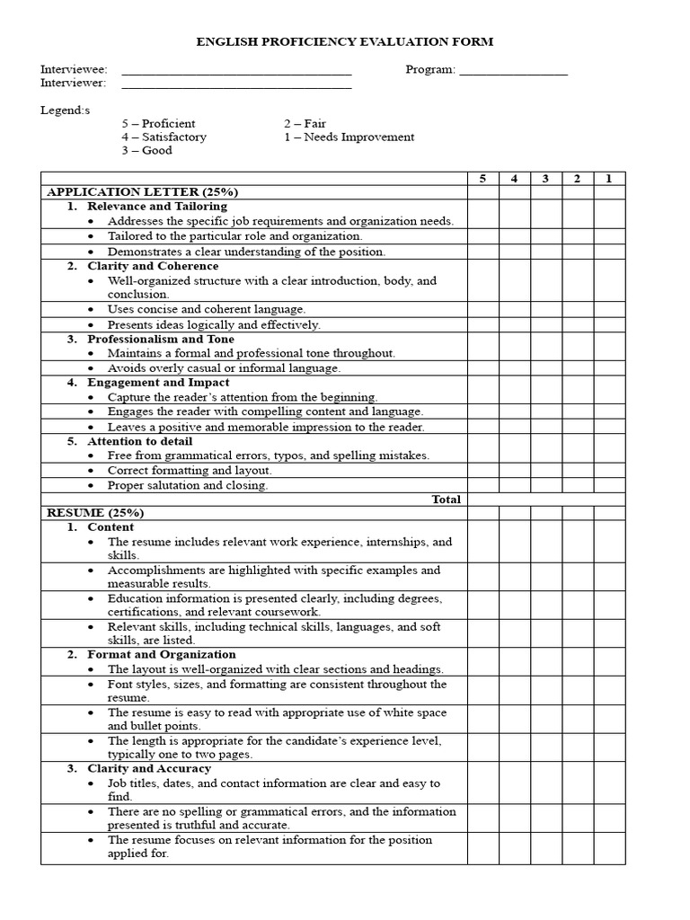 English Proficiency Evaluation Form | PDF | Résumé | Critical Thinking