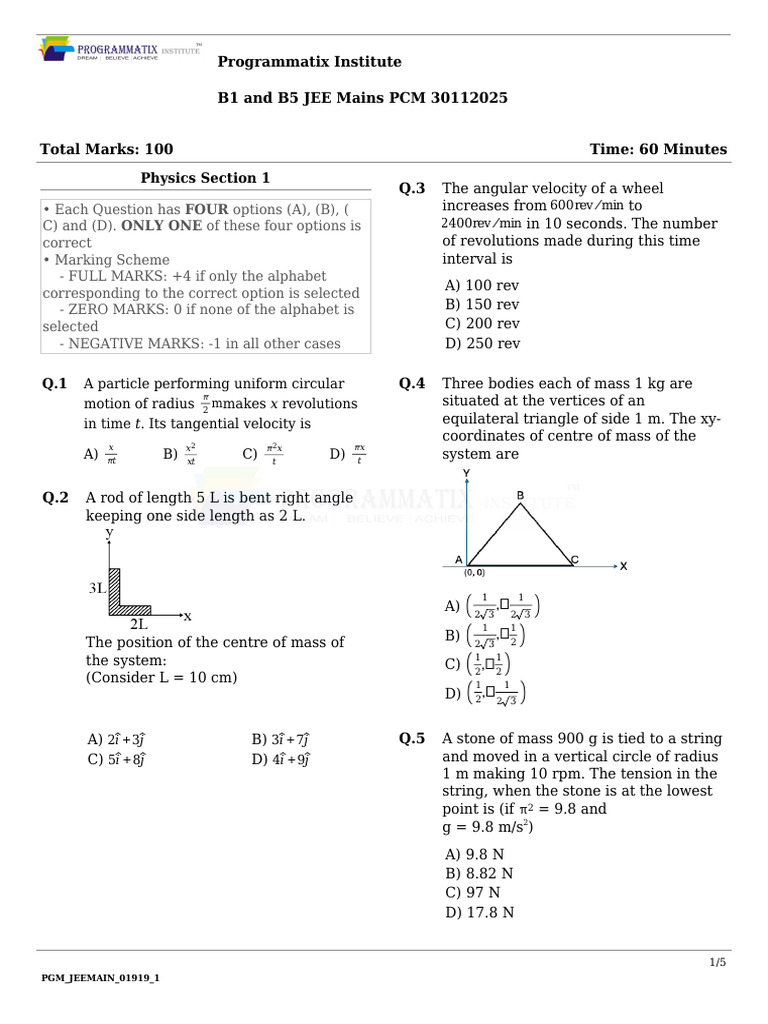 JEE Mains PCM Practice Questions | PDF | Circle | Function (Mathematics)