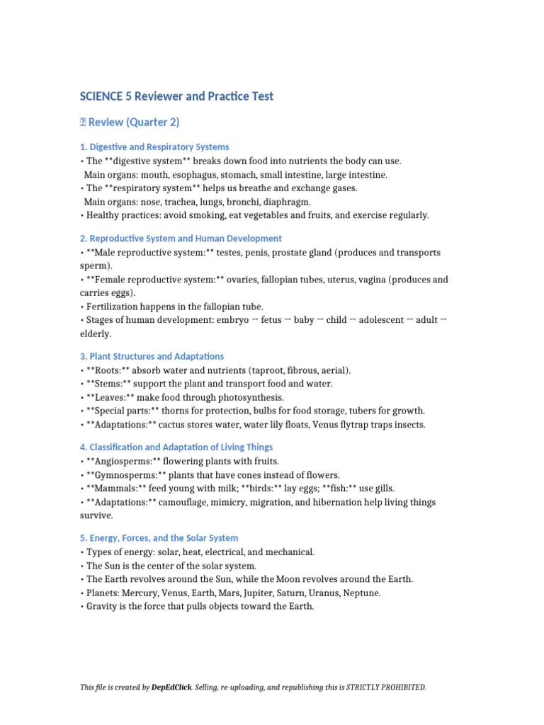 SCIENCE5_Reviewer_and_Practice_Test | PDF | Reproductive System | Plants