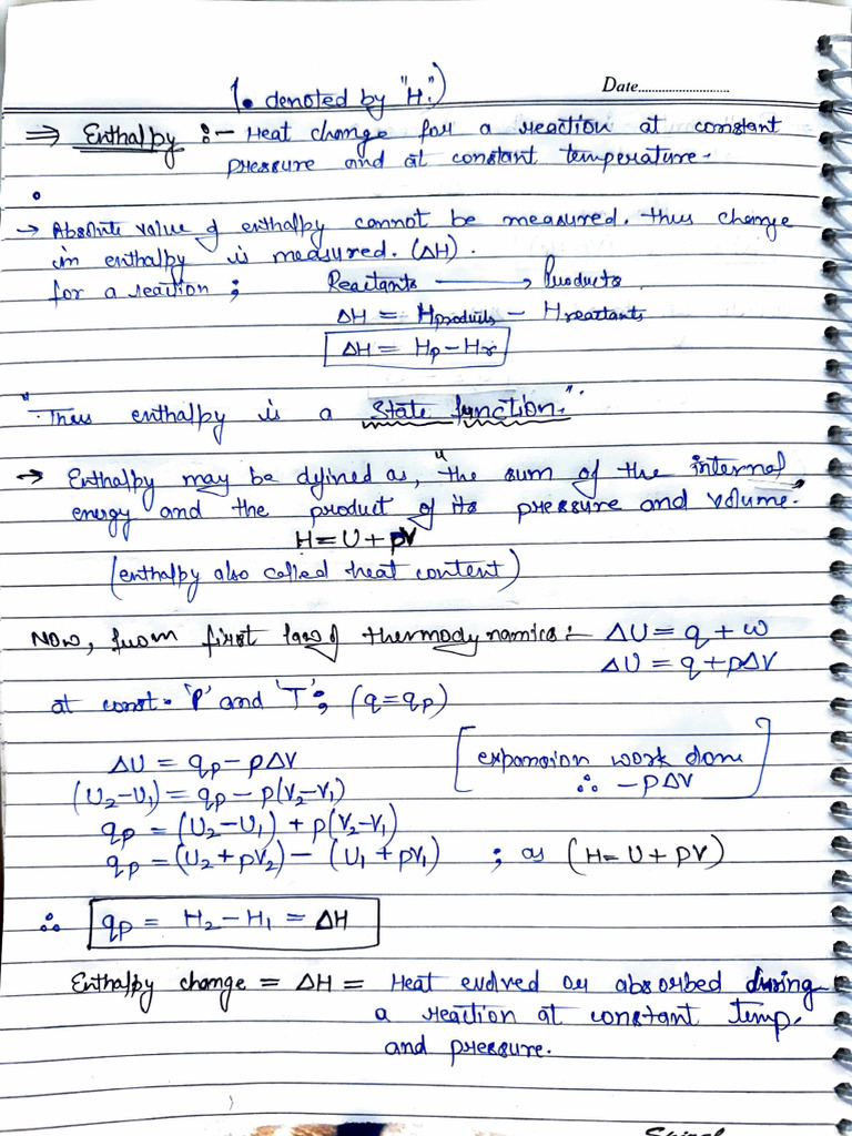 Enthalpy Thermodynamics Notes and Questions Class 11th | PDF