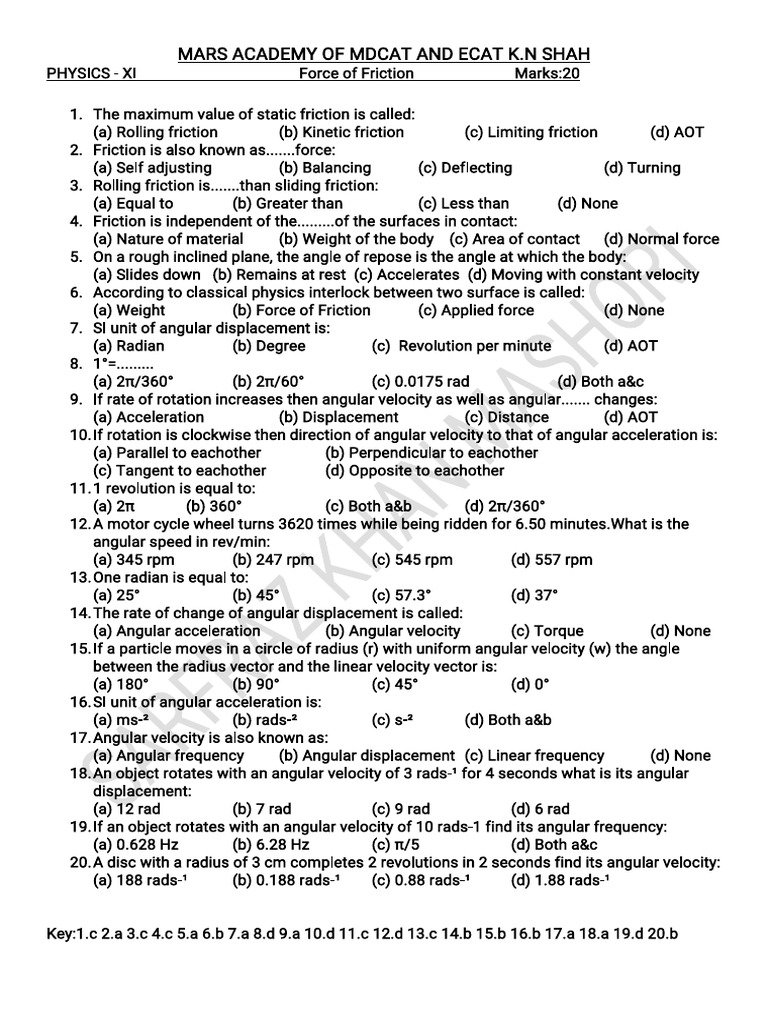 Physics XI: Force of Friction Quiz | PDF | Angle | Friction
