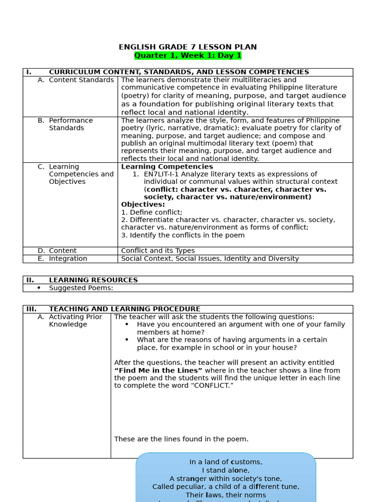 Grade 7 English Lesson Plan: Poetry & Conflict | PDF | Learning | Human ...