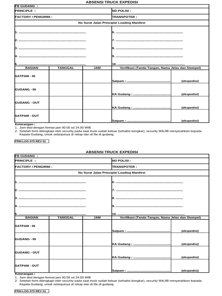 Draft Frm-Log-075 Rev. 01 Absensi Truck Expedisi | PDF