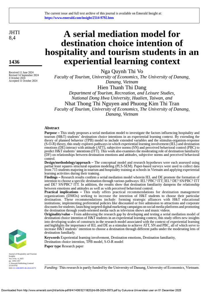 A Serial Mediation Model For Destination | PDF | Emotions | Attitude ...