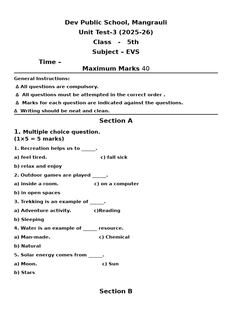 EVS Unit Test for 5th Grade Students | PDF