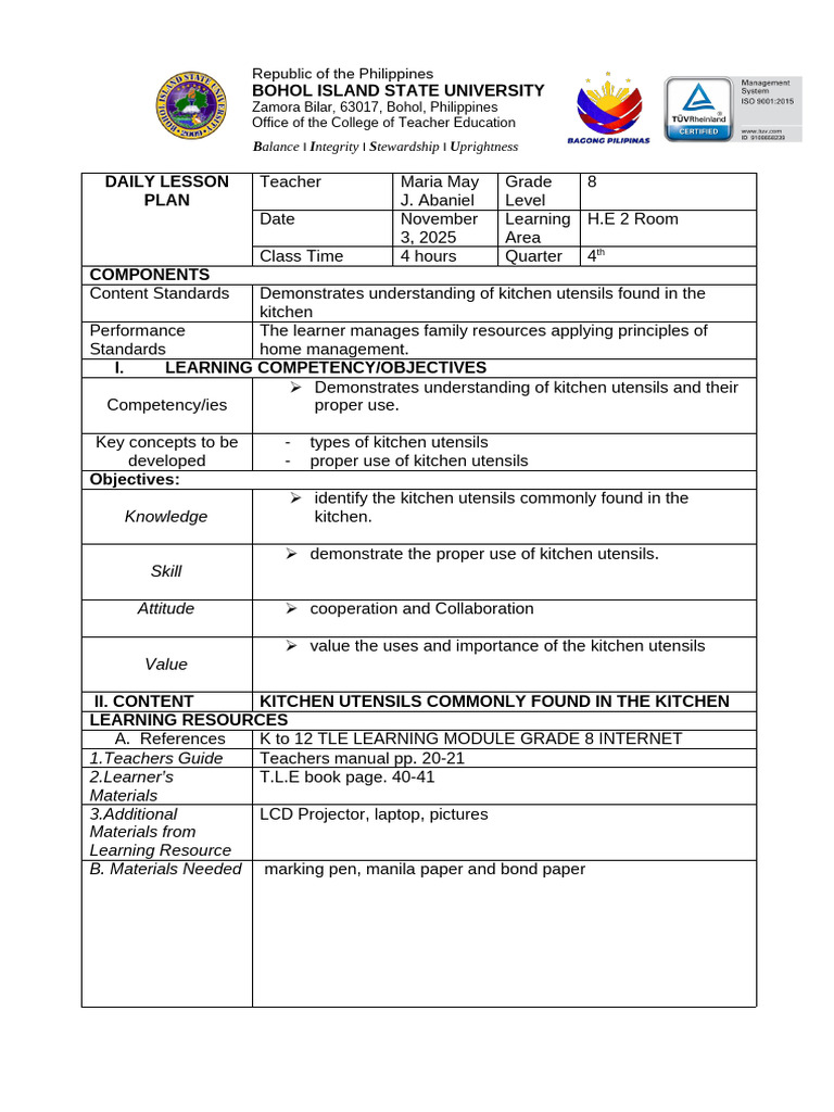 DAILY LESSON PLAN 6 | PDF | Spoon | Cooking