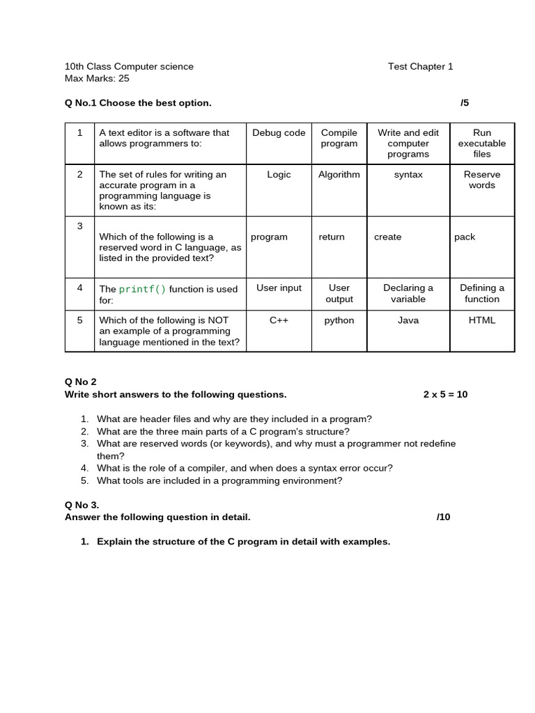 10th Class Computer Science Test: C Programming | PDF