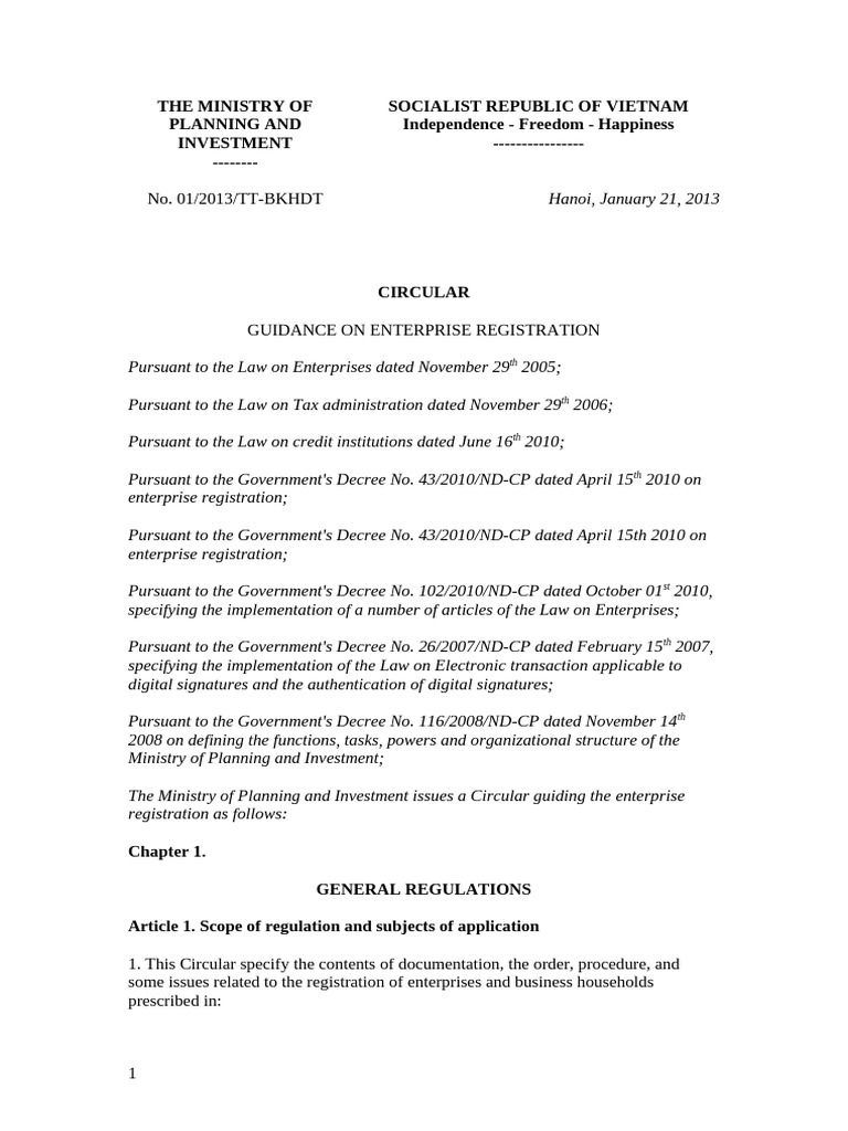 Cicular 01 - 2013 - MPI Giulding Enterprise Registration | PDF | Joint ...