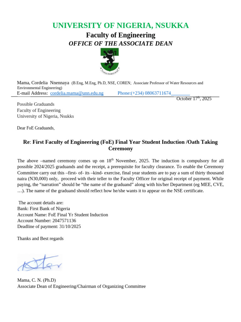 Letter For FoE Final Yr Student Induction | PDF