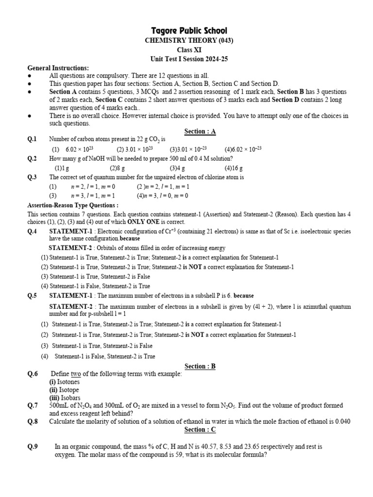 Class XI Chemistry Unit Test 2024-25 | PDF | Chemistry | Physical Sciences