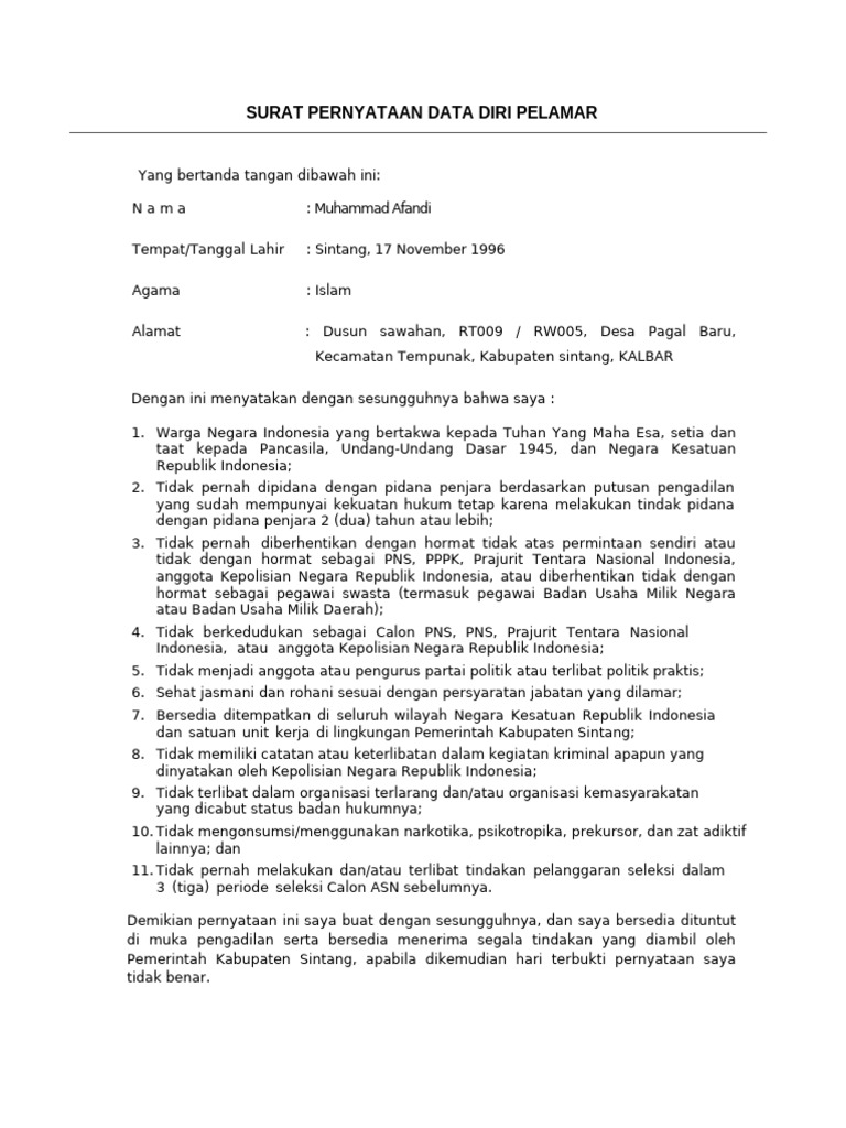 Surat Pernyataan Data Diri Pelamar ASN | PDF