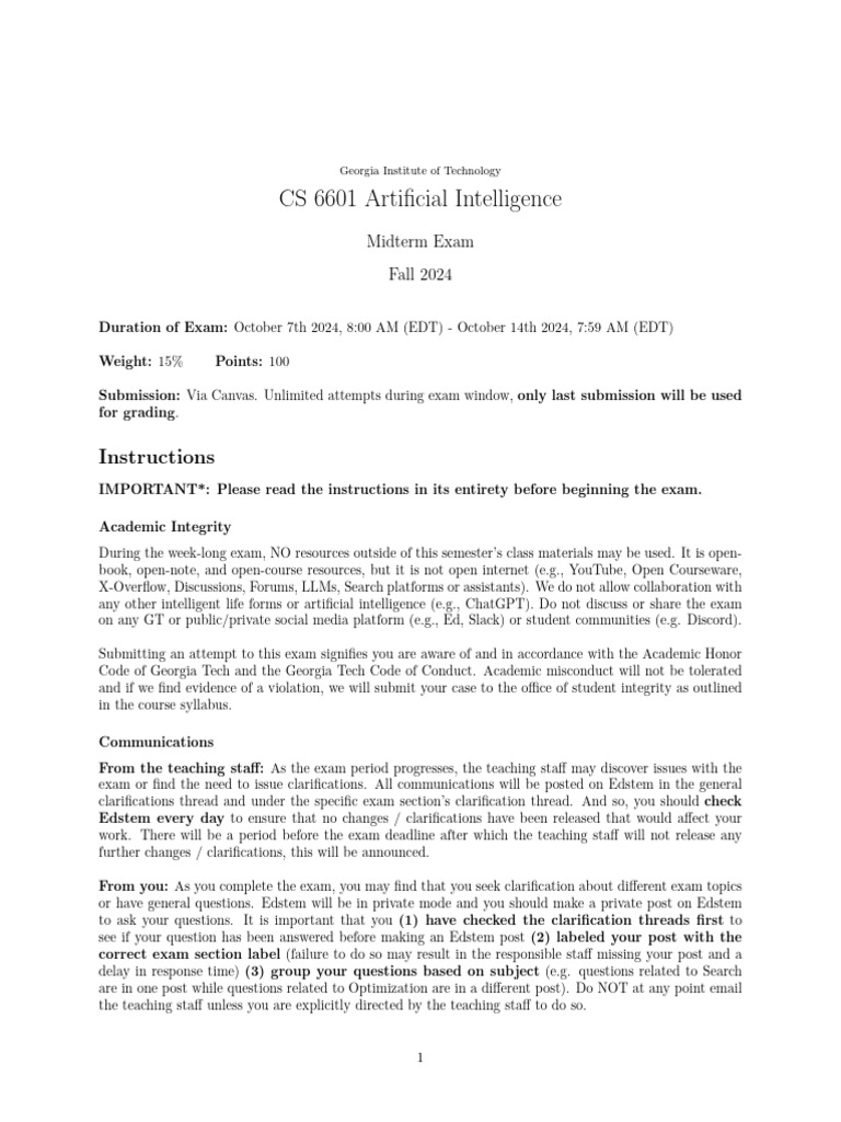 CS6601 Fall2024 Midterm | PDF | Poisson Distribution | Teaching Mathematics