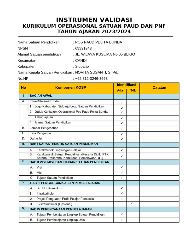 Instrumen Validasi Pos Paud Pelita Bunda | PDF