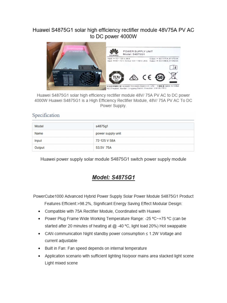 Huawei S4875G1 Rectifier Module 48V75A PV AC To DC Power 4000W | PDF ...