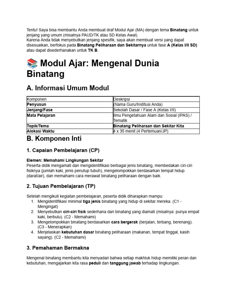Modul Ajar Binatang untuk SD dan TK | PDF