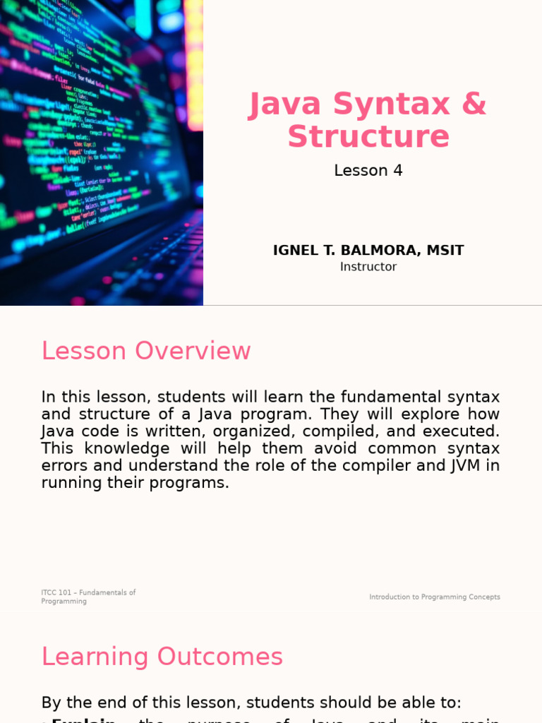 Lesson 4 ITCC101 | PDF | Java (Programming Language) | Class (Computer Programming)