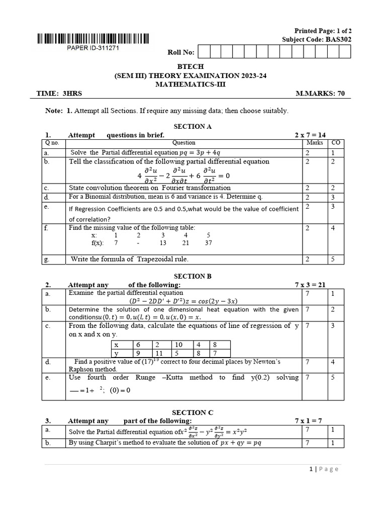 Bas302 Mathematics III | PDF | Equations | Partial Differential Equation