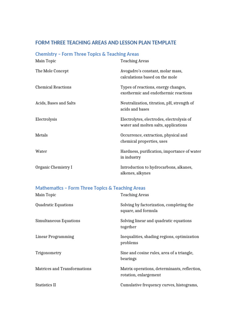 Form Three Teaching Areas and Lesson Plan Template | PDF | Chemical ...