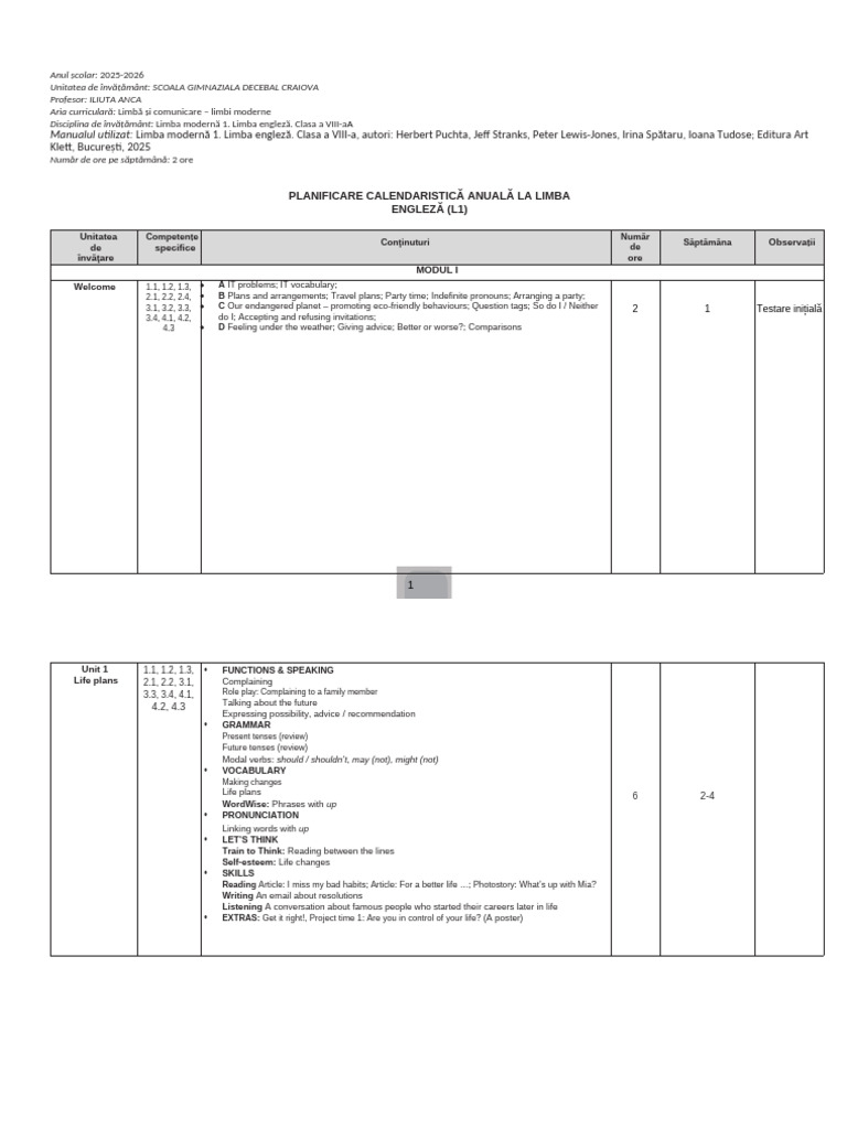 Planificare Engleză Clasa VIII-a 2025-2026 | PDF | Linguistic ...
