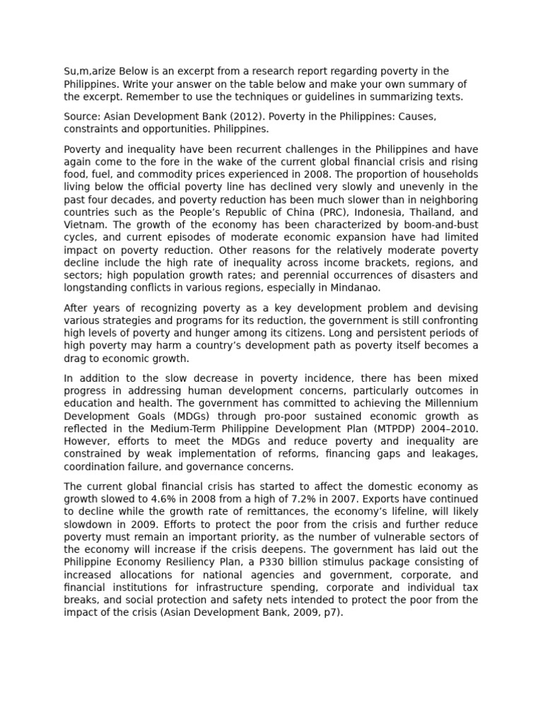 Activity On Summarizing 3 | PDF | Poverty | Poverty & Homelessness