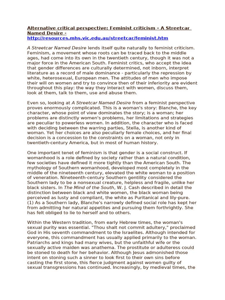 Feminist Critique of A Streetcar Named Desire | PDF | Feminism | Gender ...