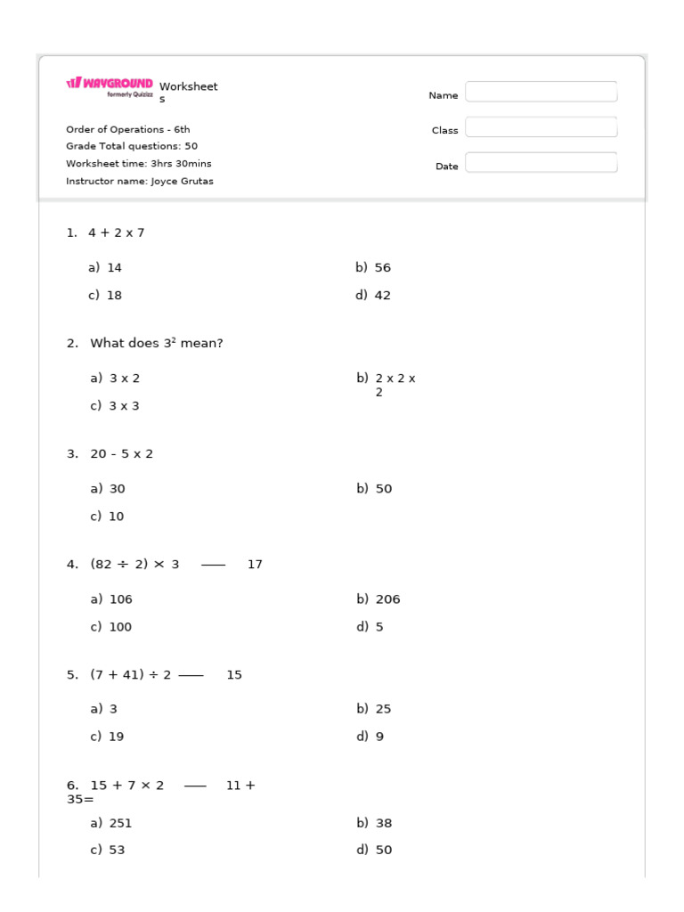 Order of Operations - 6th Grade - Wayground | PDF | Multiplication ...