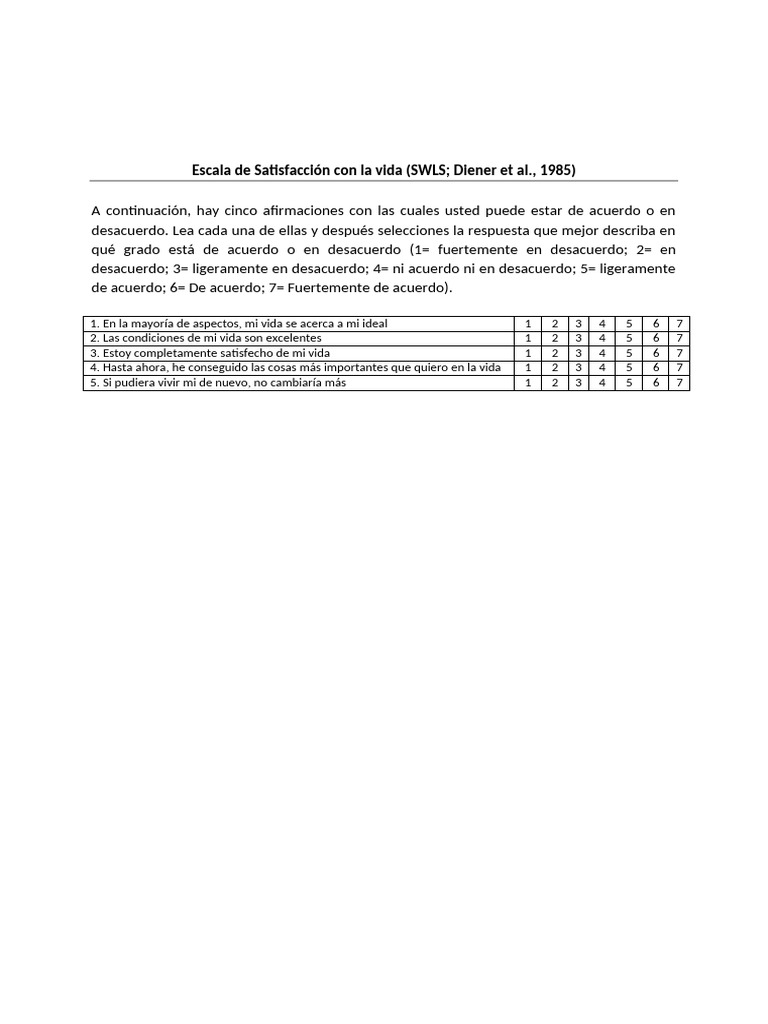 Escala de Satisfacción con la Vida (SWLS) | PDF