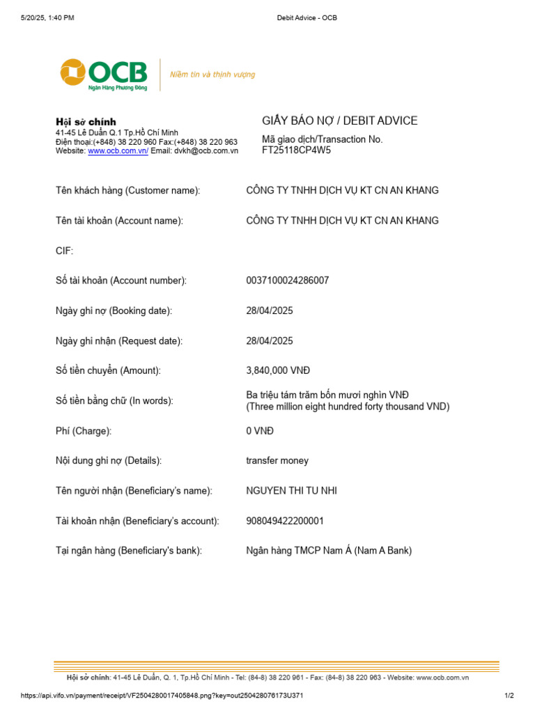 Debit Advice - OCB-out250428076173U371 | PDF
