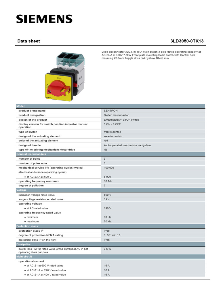 Siemens 3LD3 Load Disconnector Data Sheet | PDF | Switch | Fuse ...